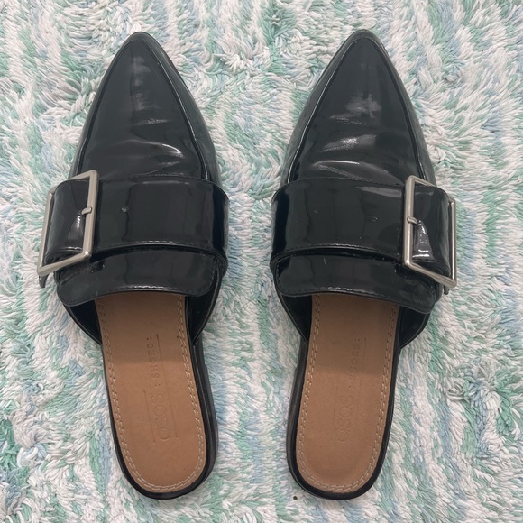 ASOS | Shoes | Asos Pointy Buckle Black Faux Patent Leather Loafer ...